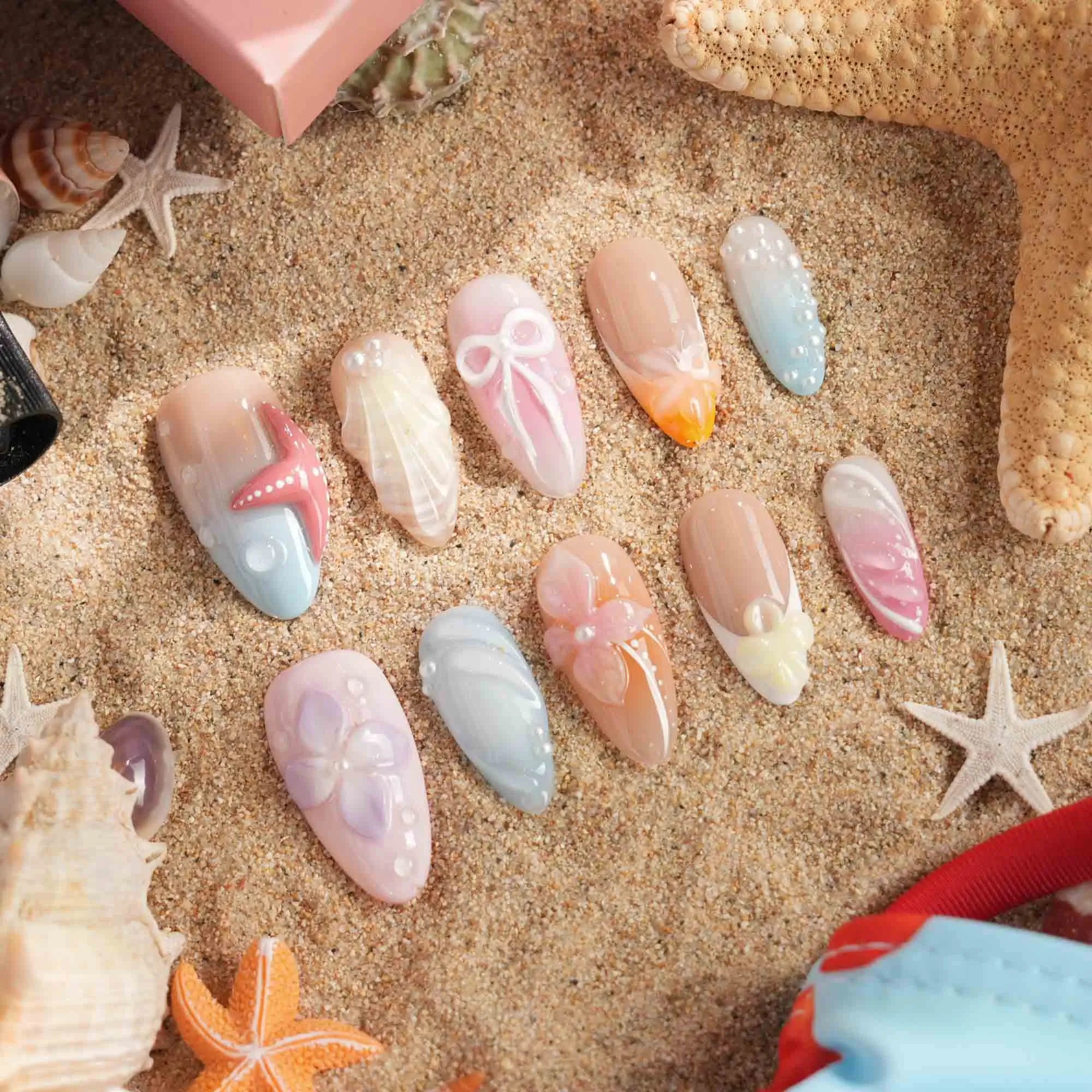 3D Starfish & Floral Press-On Nails – Summer Beach Vibes – Joyeenails