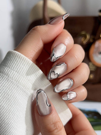 Pearl Cat Eye Nails with Silver Chrome Outline | Sculpted Press-Ons ...