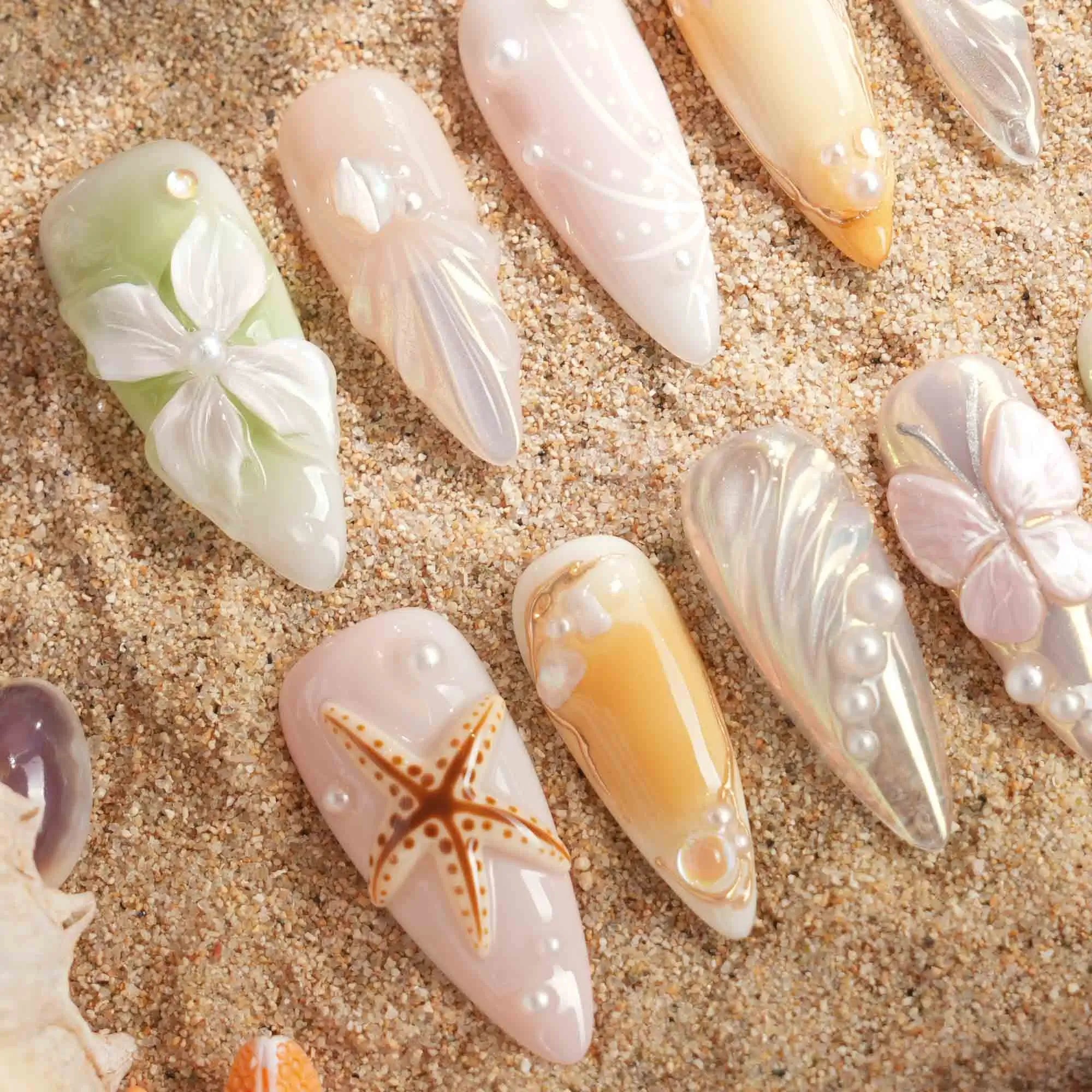 Dreamy Pearl Garden Press-On Nails with Starfish & Butterfly – Joyeenails